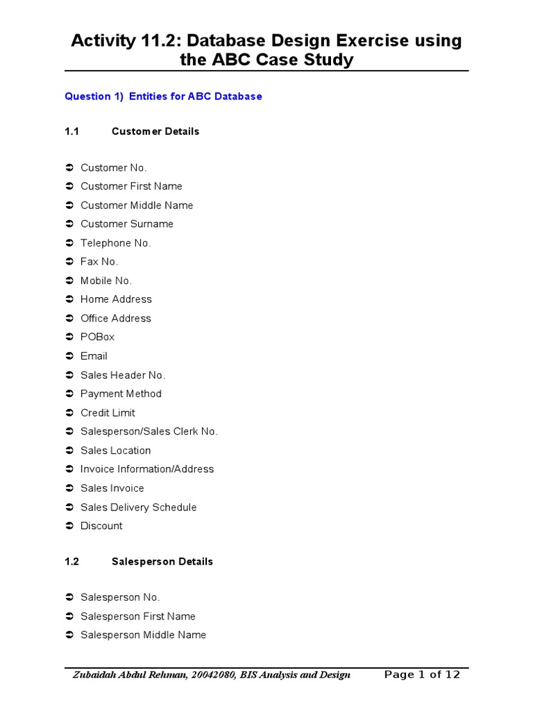 Database Design Exercise Using The ABC Case Study | PDF | Sales ...