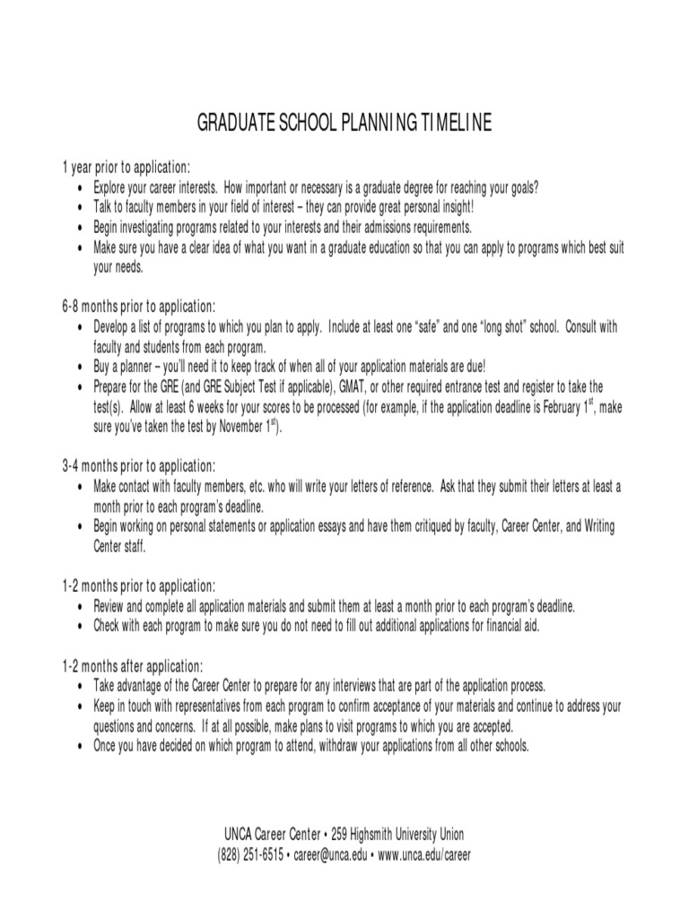 Graduate School Planning Timeline: 1 Year Prior To Application | PDF
