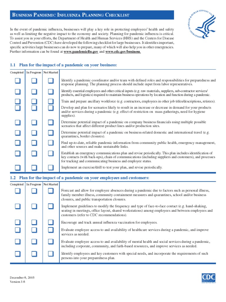 CDC Business Pandemic Influenza Planning Checklist | Influenza Pandemic ...