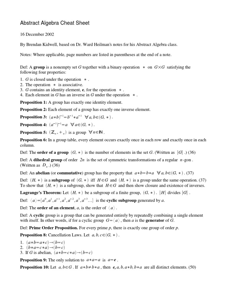 Abstract Algebra Cheat Sheet | PDF