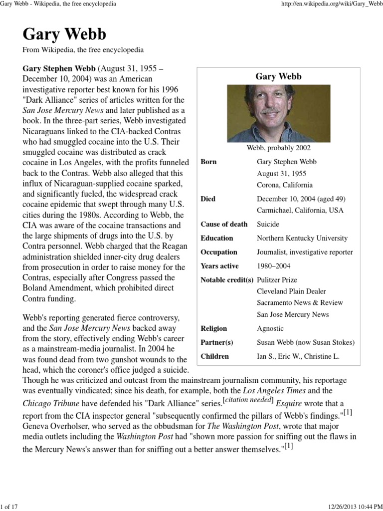 Gary Webb - Wikipedia, The Free Encyclopedia | PDF | Contras | Crime ...