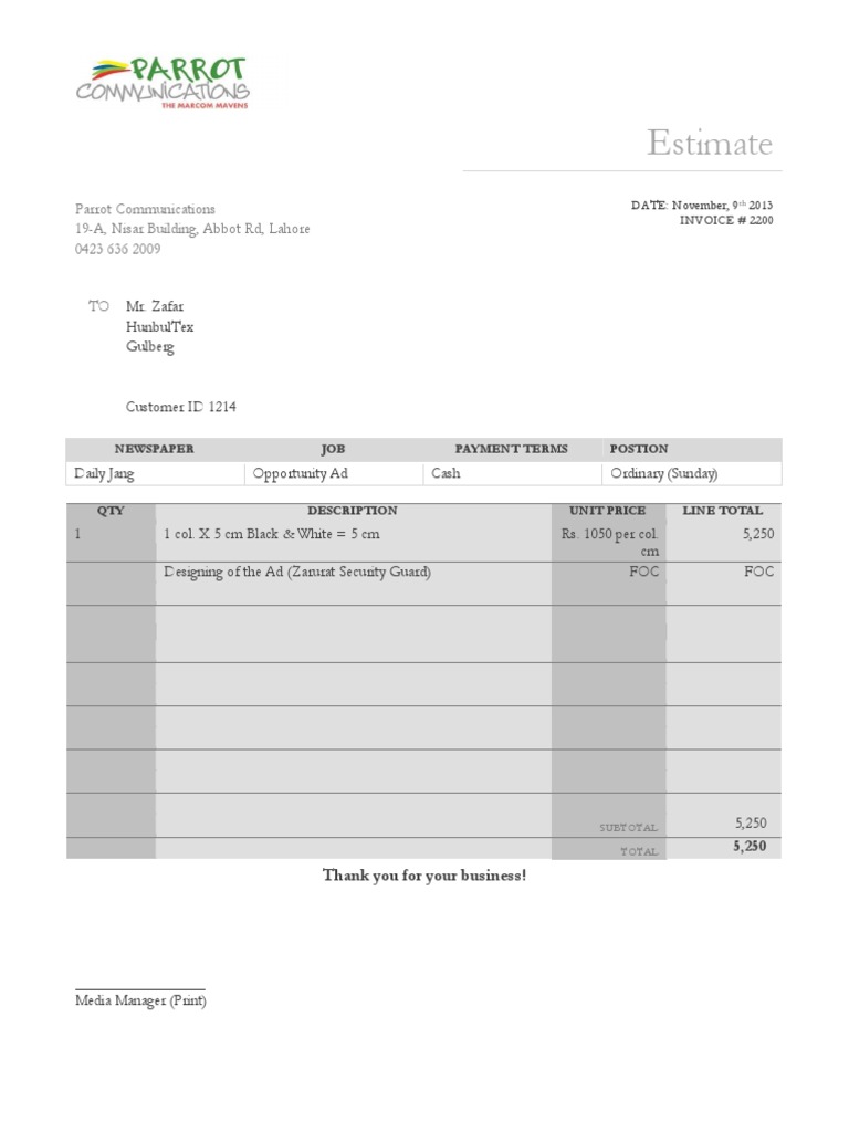 Invoice for Newspaper Ad | PDF