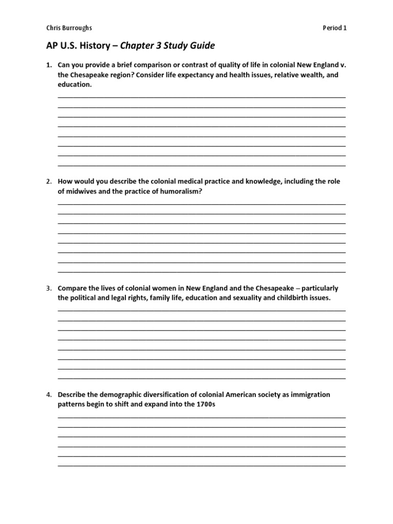 AP U.S. History - Chapter 3 Study Guide: Chris Burroughs Period 1 | PDF ...