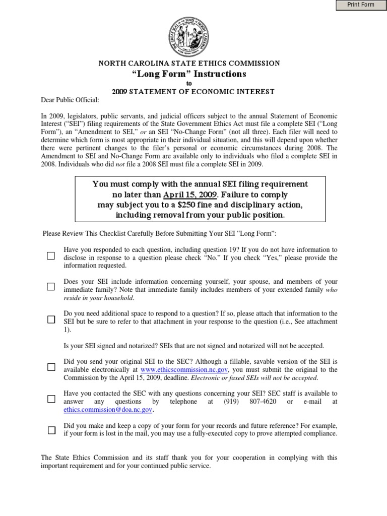 "Long Form" Instructions: North Carolina State Ethics Commission | PDF