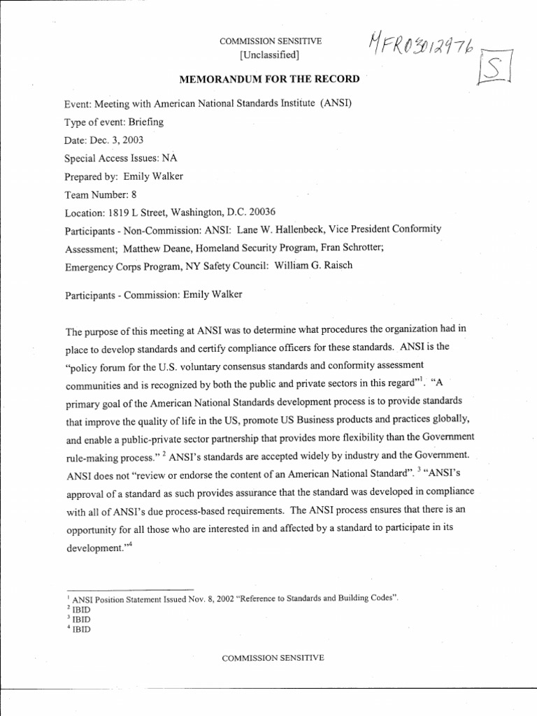 Memorandum For The Record: Commission Sensitive | PDF | Standardization ...