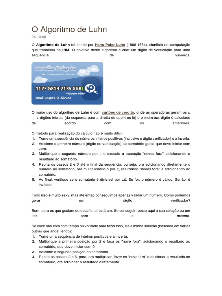 O Algoritmo de Luhn PDF | PDF | Cartão de crédito | Somatório