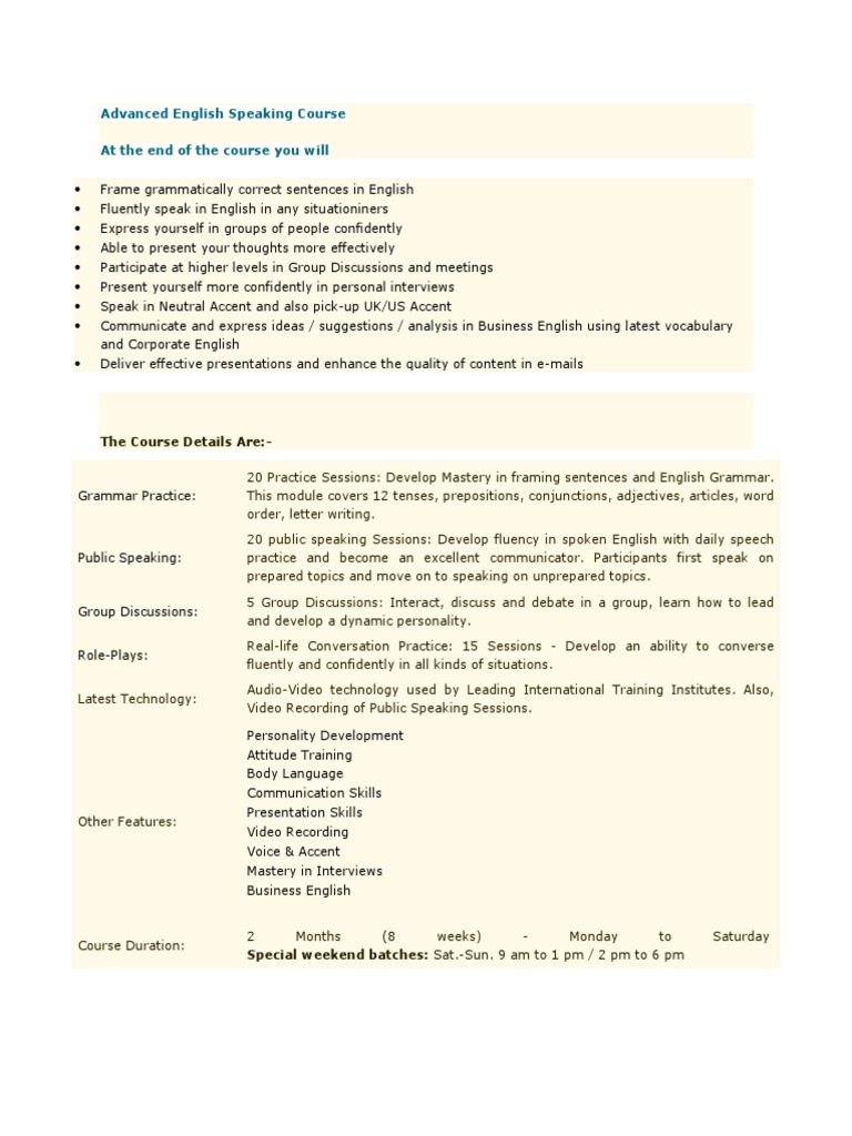Advanced English Speaking Course Overview | PDF