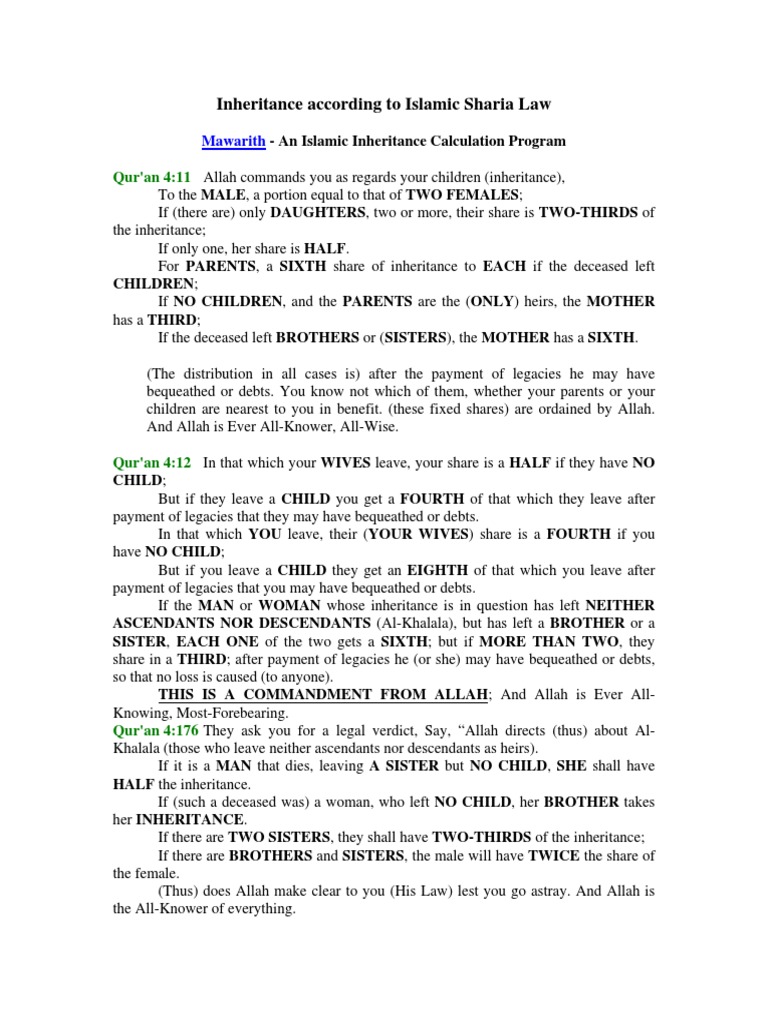 Inheritance According To Islamic Sharia Law | PDF