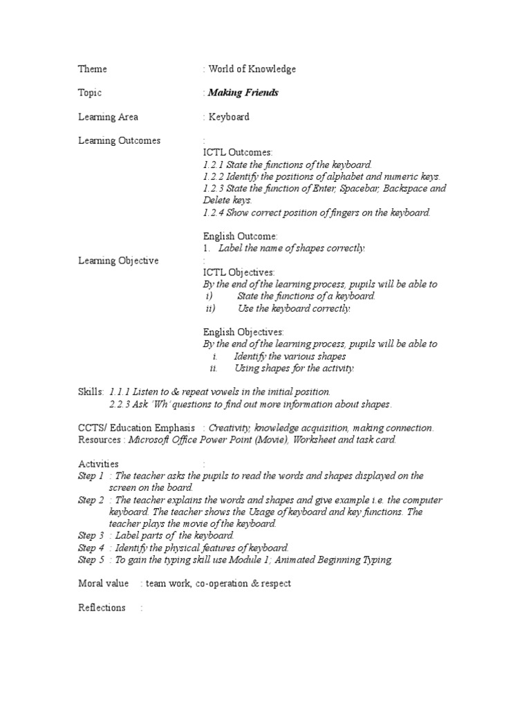 ICTL Lesson Plan Year 1-Keyboard | PDF | Computer Keyboard | Lesson Plan