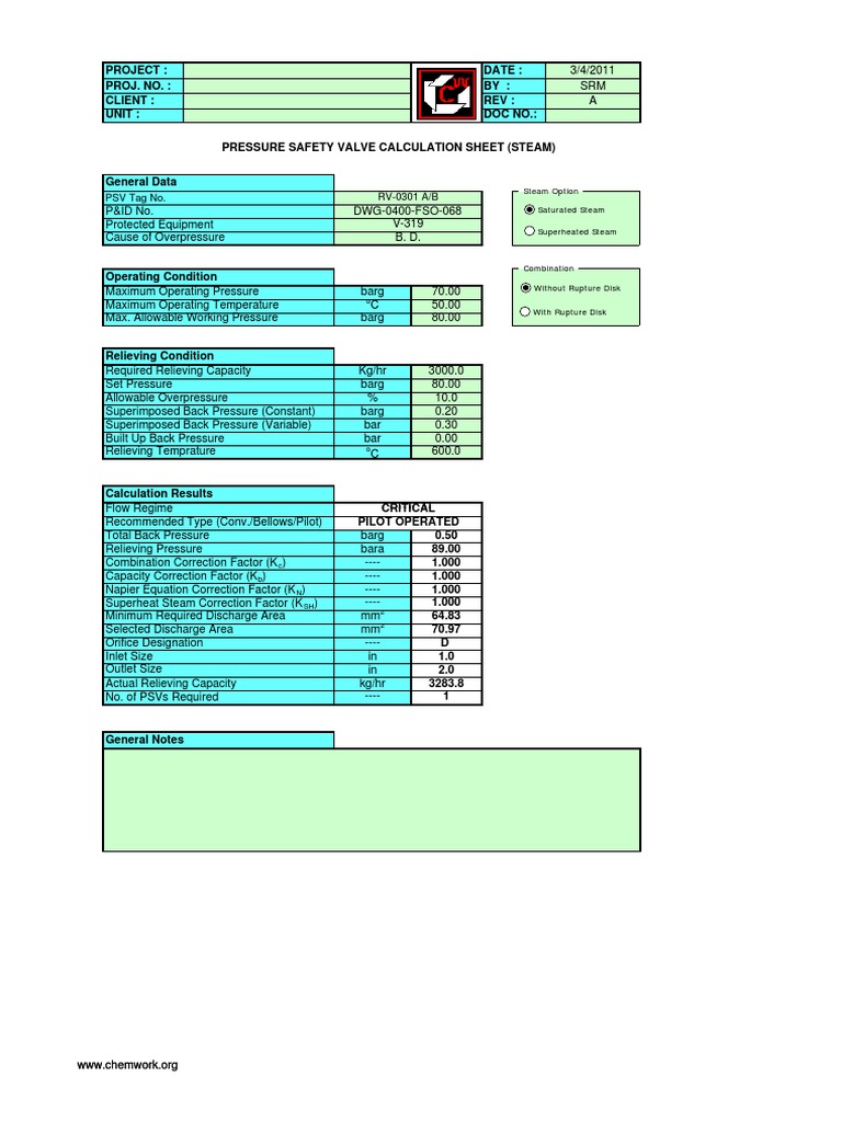 PSV Sizing (Steam) | Valve | Pressure