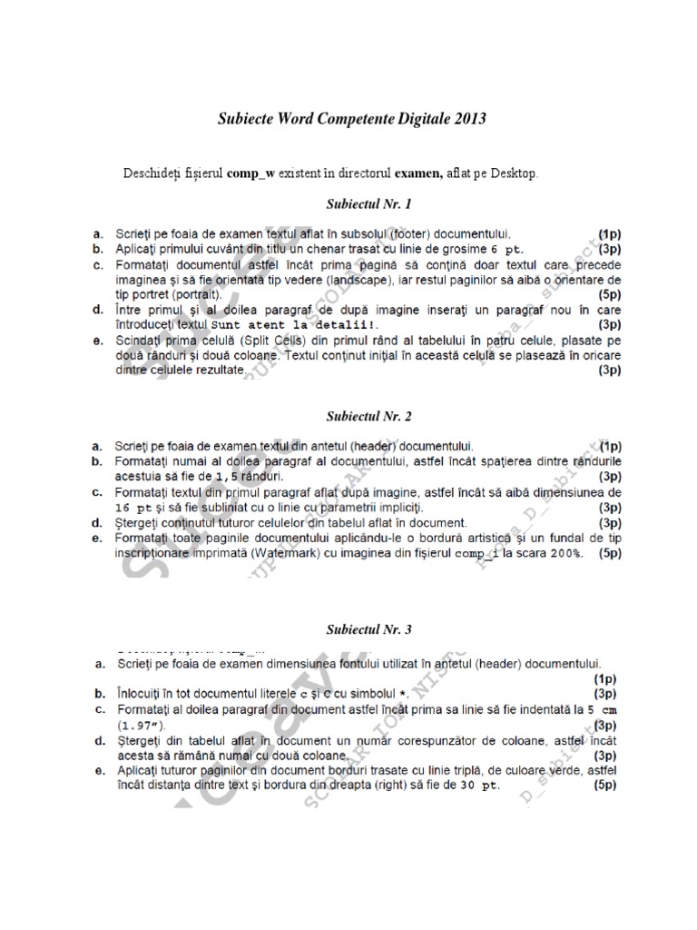 Subiecte Word Competente Digitale 2013 | PDF