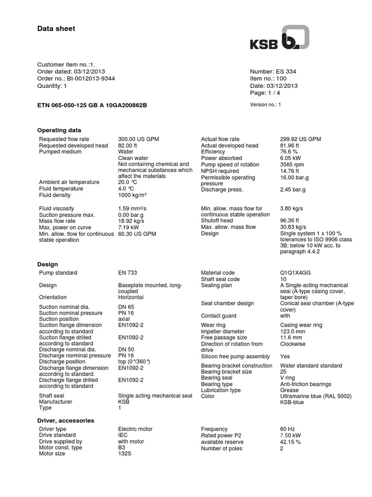 KSB Technical Datasheet | PDF | Pump | Mechanical Engineering