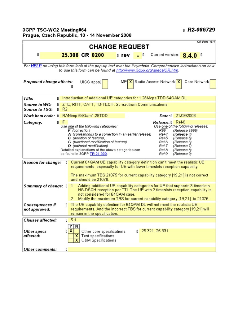 Change Request - 8.4.0: 25.306 CR 0200 Rev | PDF | Telecommunications ...