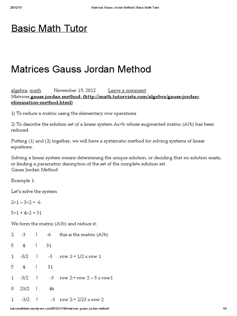 Matrices Gauss Jordan Method - Basic Math Tutor | PDF | System Of ...