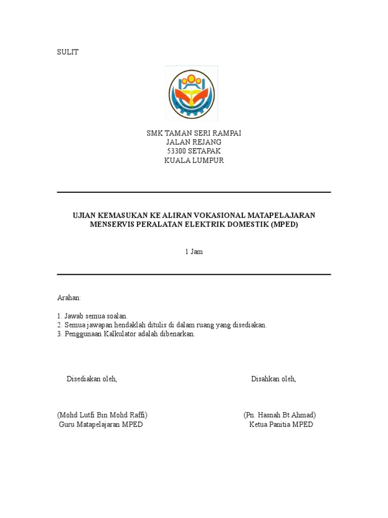 Soalan Ujian Kemasukan Mped | PDF