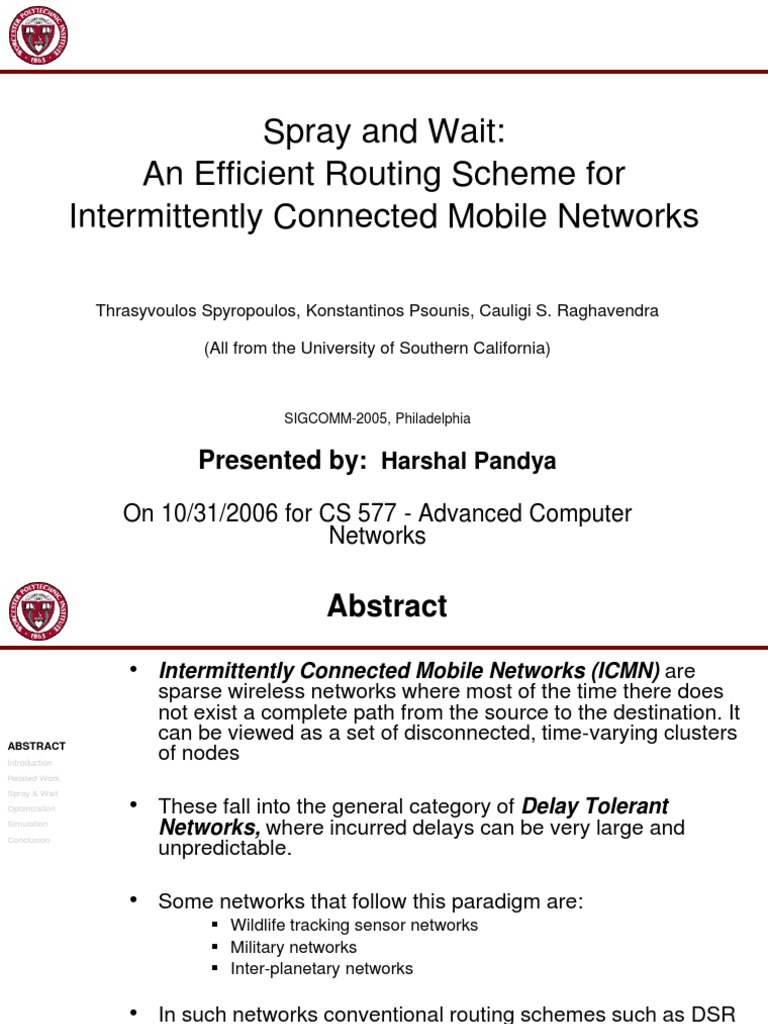 Spray And Wait An Efficient Routing Scheme For Intermittently Connected Mobile Networks Pdf