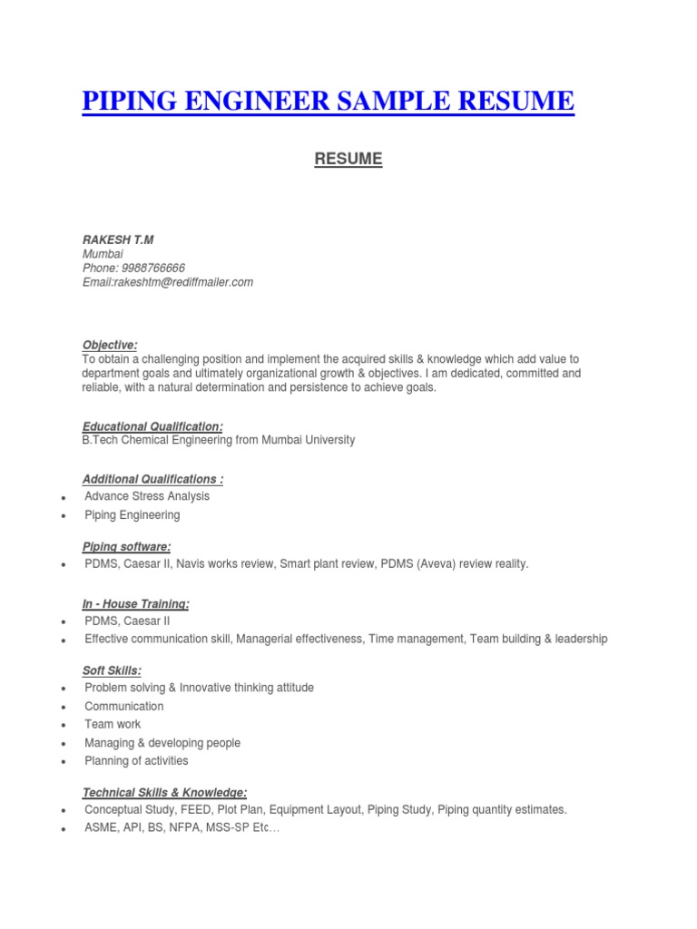 piping Designer sample CV | Specification (Technical Standard ...