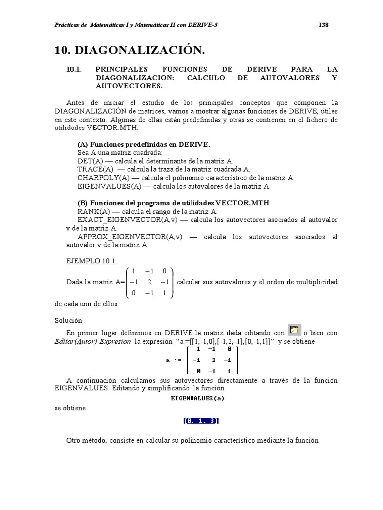 Diagonalización de Matrices con DERIVE | PDF | Valores propios y ...