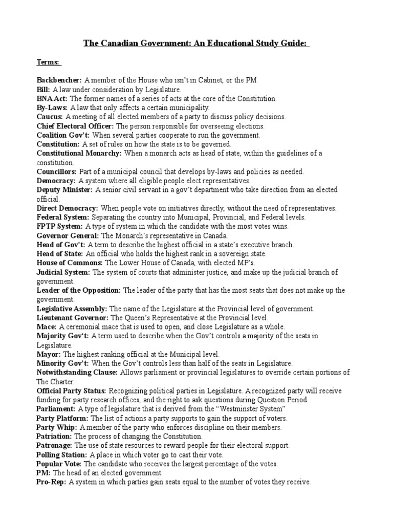 Canadian Government Study Guide | PDF | Cabinet (Government) | Supreme ...