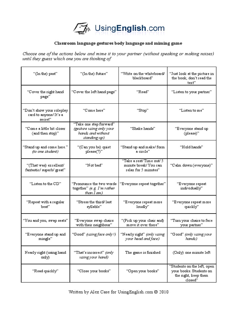 Classroom Language Gestures Game | PDF | Language Arts & Discipline ...
