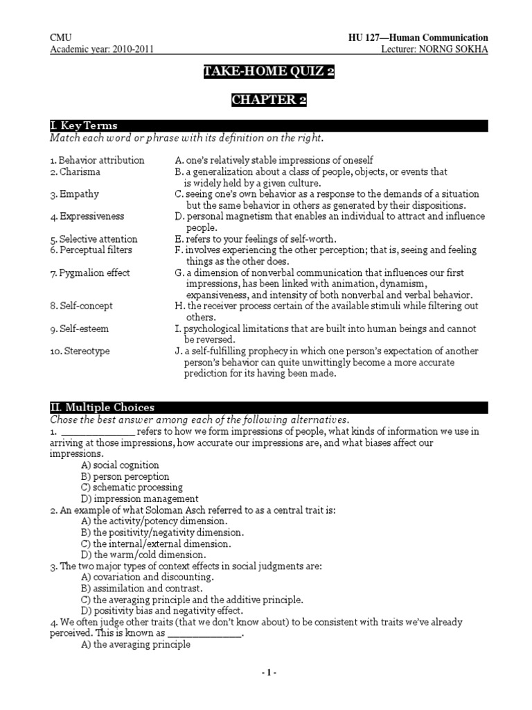 Worksheet Chapter 2 | PDF | Self Concept | Perception