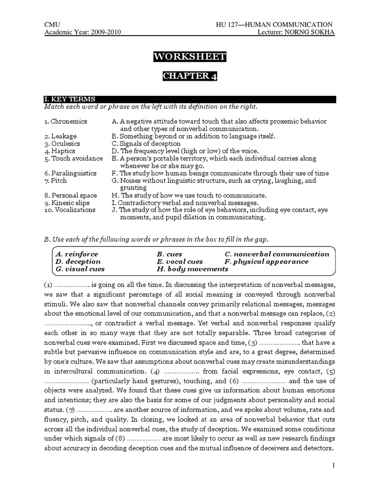 Worksheet Chapter 4 | PDF | Nonverbal Communication | Deception