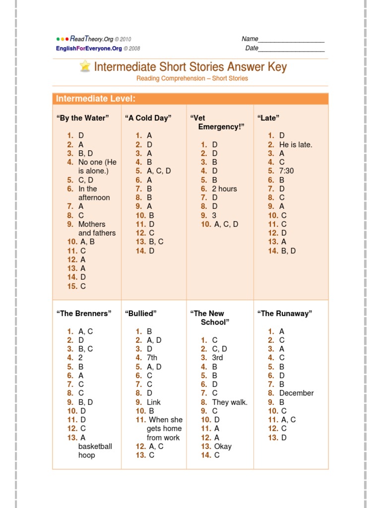 Intermediate Short Stories Answer Key | PDF | Games & Activities ...