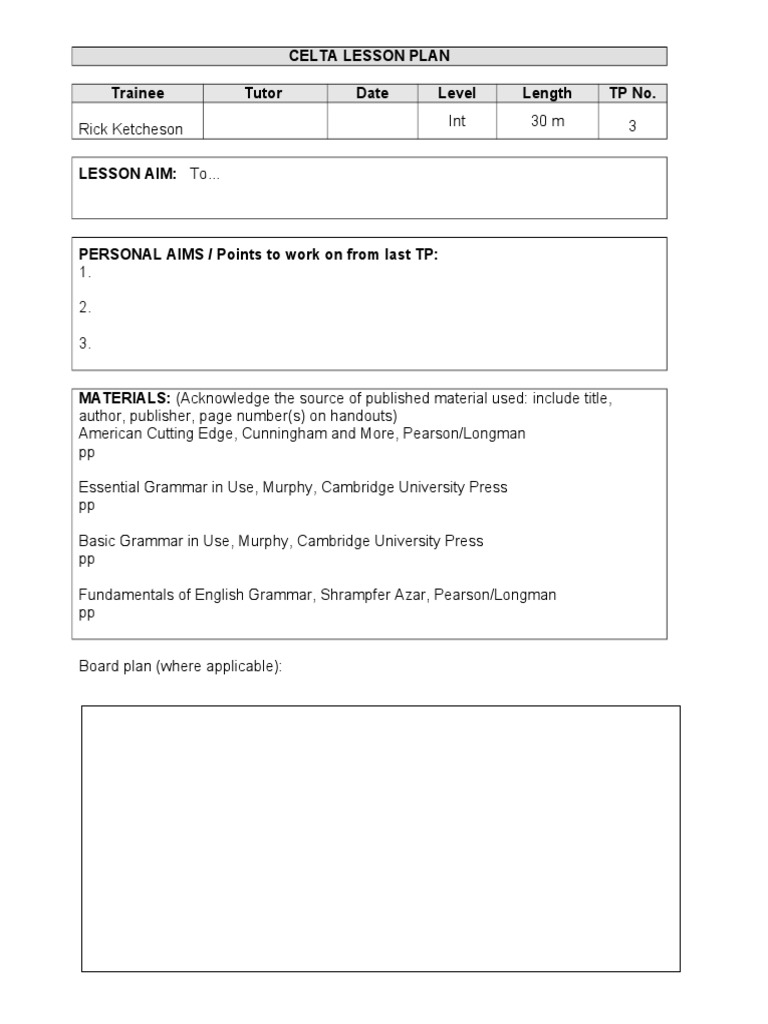 Lesson Plan Template CELTA | PDF