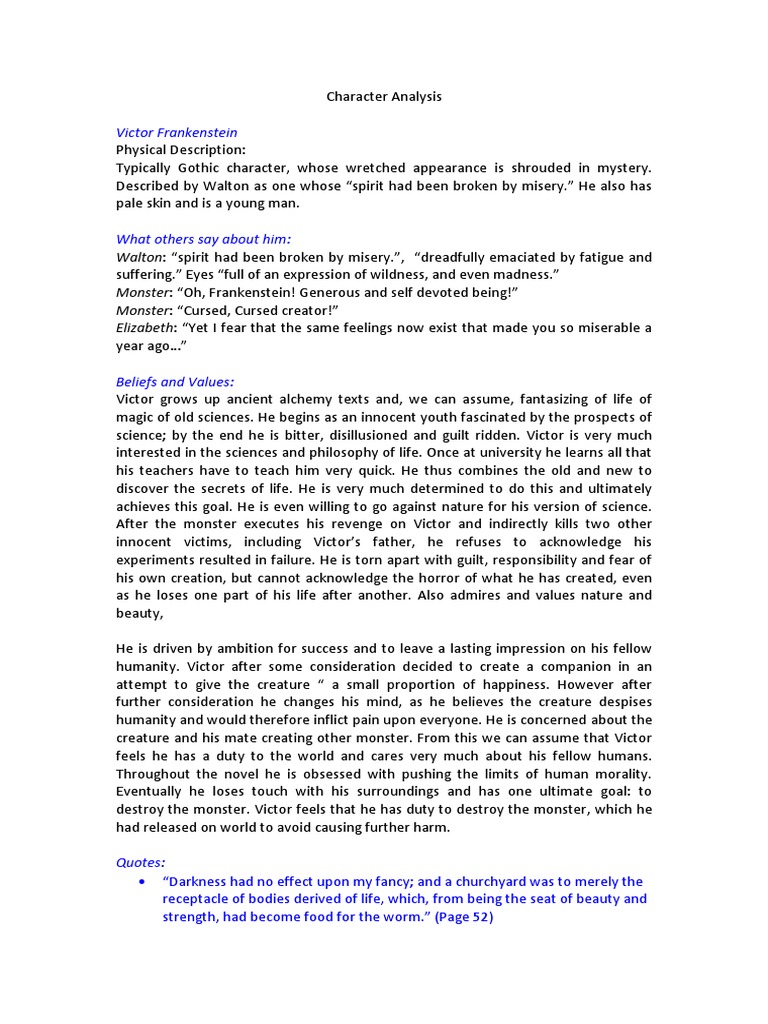 Character Analysis | PDF | Frankenstein
