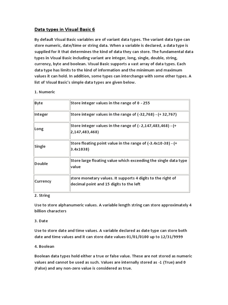 Data Types In Visual Basic 6 Pdf Data Type Subroutine