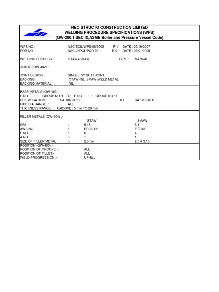 Neo Structo Construction Limited Welding Procedure Specifications (WPS ...