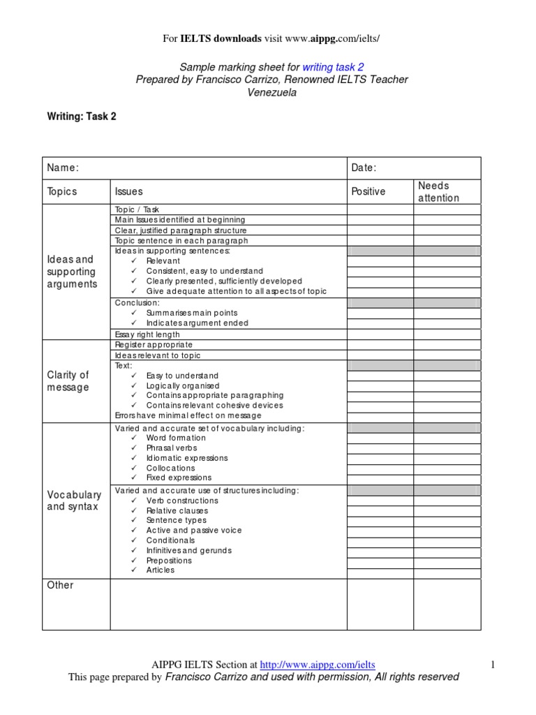 IELTS Writing Task 2 Marking Sheet | PDF | Career & Growth | Language ...