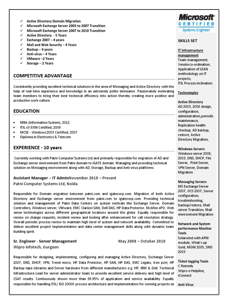 Sample Resume 2 | PDF | Active Directory | Microsoft Exchange Server
