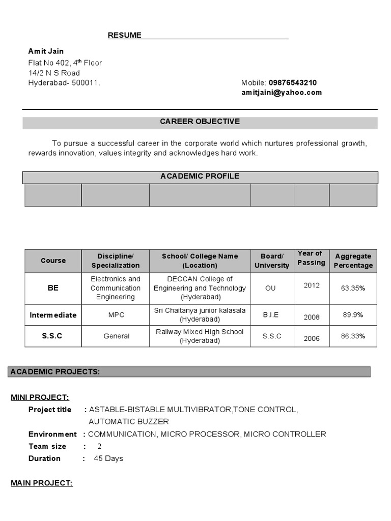 Electronics and Communication Engineering Resume Samples | PDF