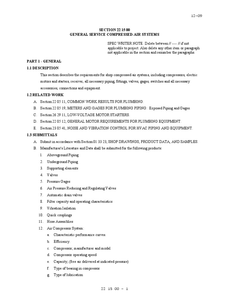 SECTION 22 15 00 General Service Compressed-Air Systems | PDF | Atoms ...