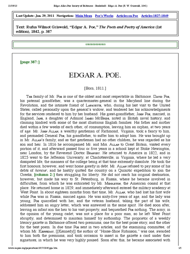 Edgar A. Poe.: Text: Rufus Wilmot Griswold, "Edgar A. Poe," The Poets ...