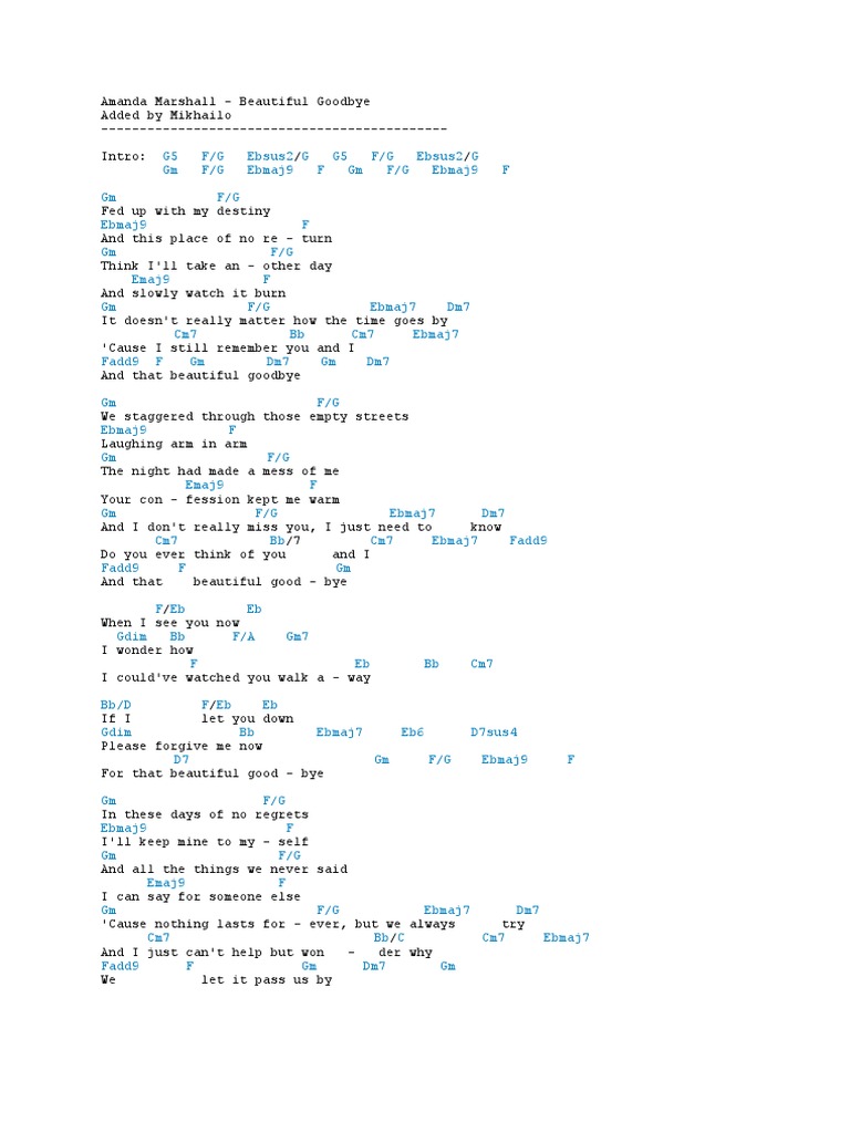 Amanda Marshall's Beautiful Goodbye Lyrics | PDF