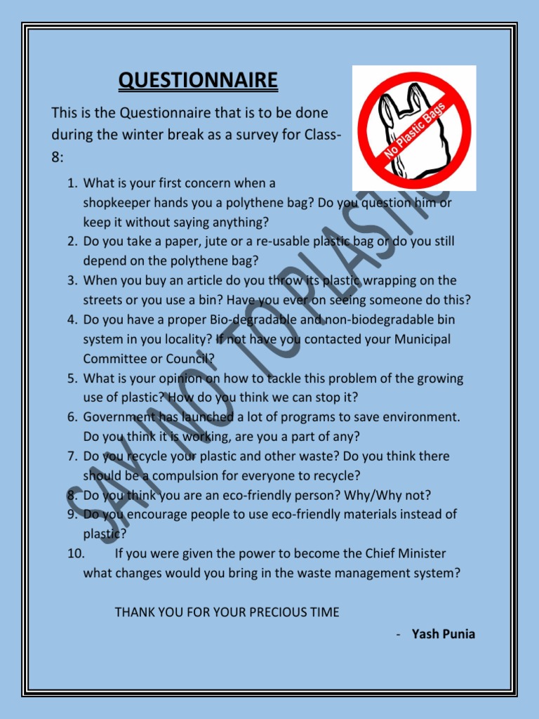 Class 8 Plastic Pollution Questionnaire | PDF | Lifestyle