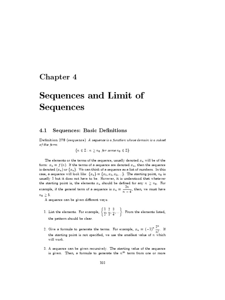 Sequences and Limit of Sequences: 4.1 Sequences: Basic de Nitions | PDF ...