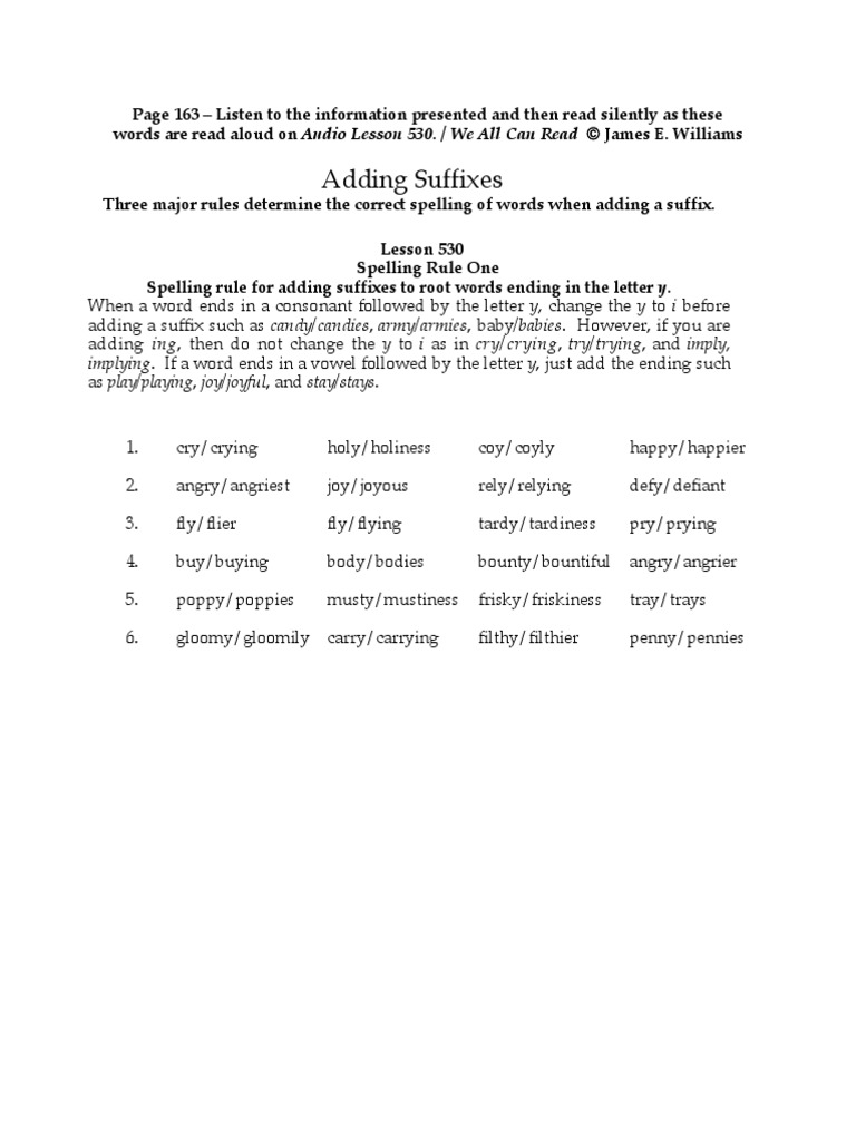 Adding Suffixes: Implying. If A Word Ends in A Vowel Followed by The ...