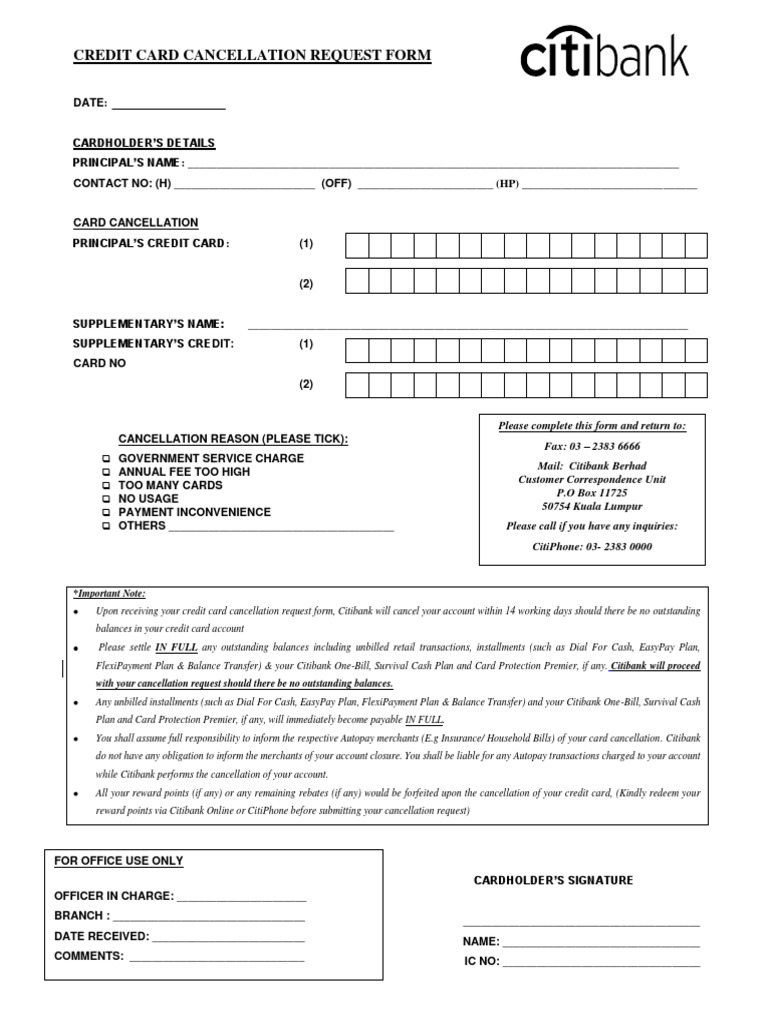 Credit Card Cancellation Request Form: Important Note | PDF | Citibank ...