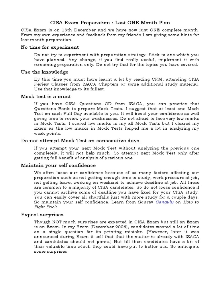 CISA Exam Preparation: Last ONE Month Plan: On How To Fight Back | PDF ...