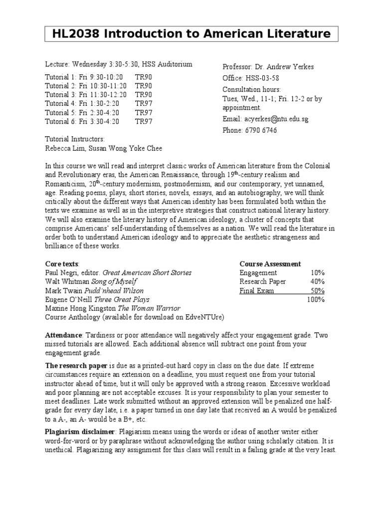 HL2038 Introduction To American Literature: TH TH | PDF