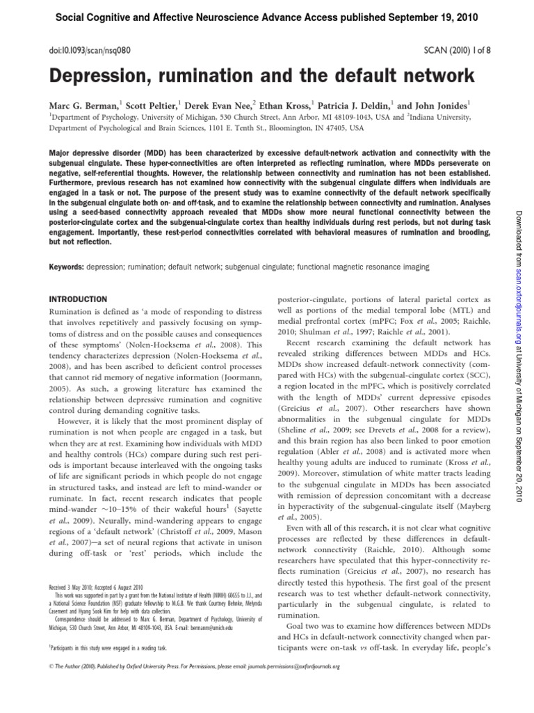 Depression, Rumination and The Default Network | PDF | Cingulate Cortex | Anterior Cingulate Cortex