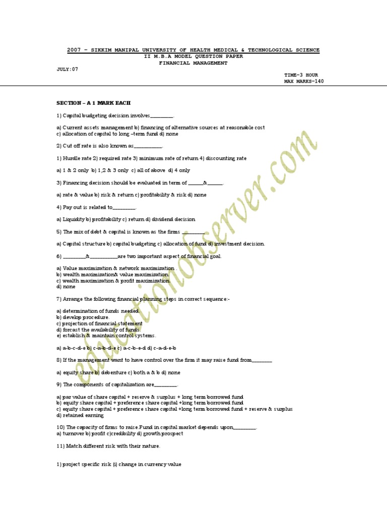 MBA Financial Management Question Paper | PDF | Cost Of Capital ...