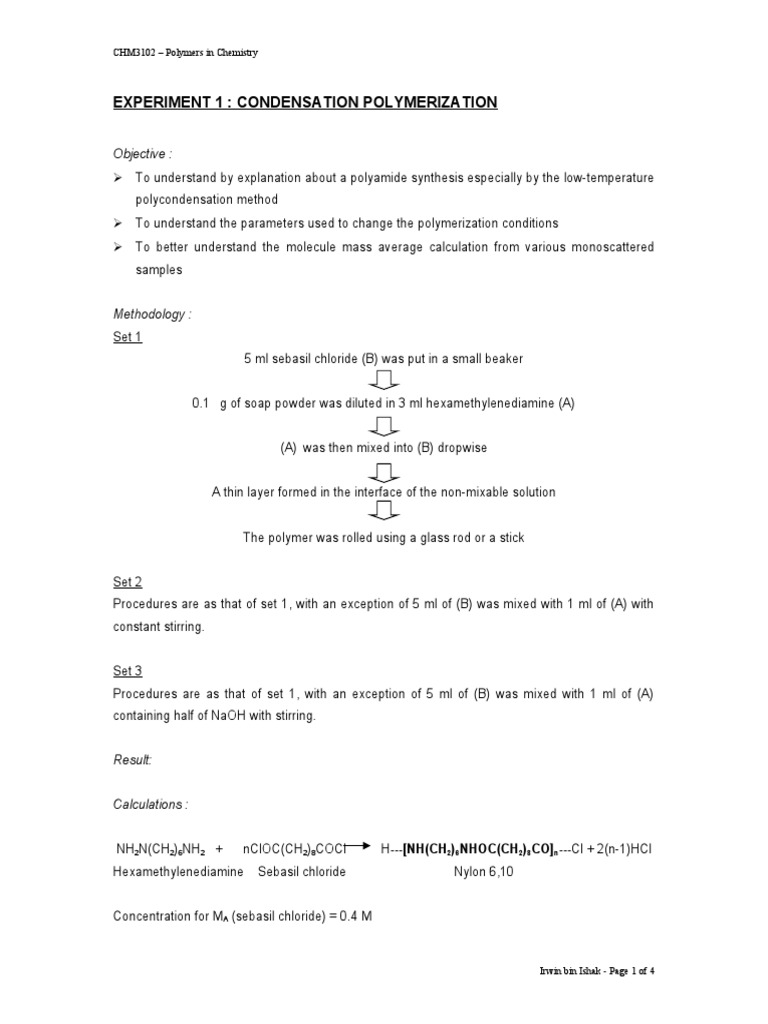 Experiment 1: Condensation Polymerization: Objective | PDF | Polymers ...