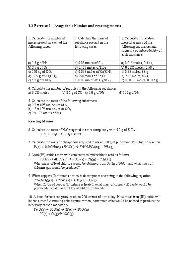 1.2 Exercise 1 - Using Moles and Reacting Masses | PDF | Teaching ...