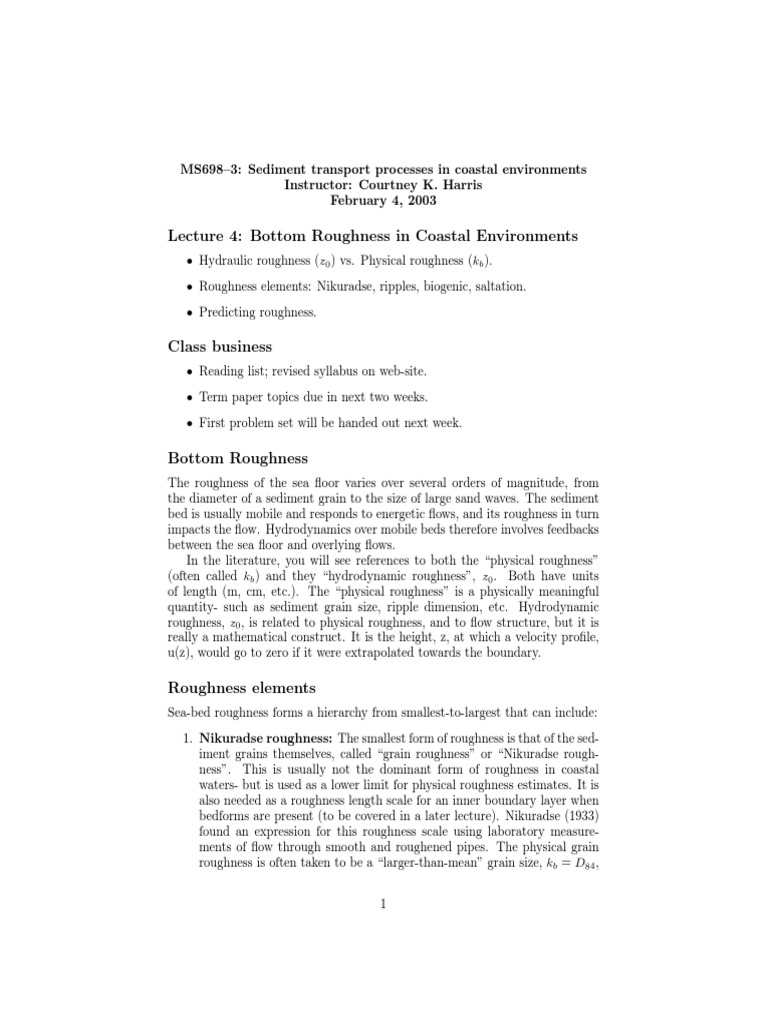 Lecture 4: Bottom Roughness in Coastal Environments | PDF | Sediment | Earth Sciences