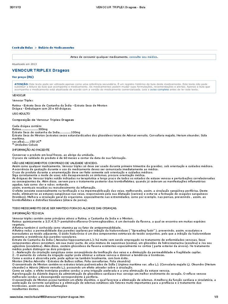 Venocur Triplex Drageas - Bula | Download grátis PDF | Veia | Varizes