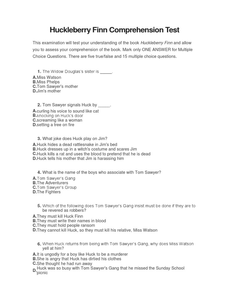 Huckleberry Finn Comprehension Test | PDF | Huckleberry Finn | Tom Sawyer